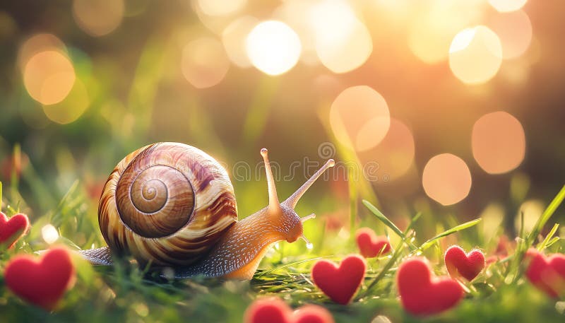 Snail among Heart Shaped Decorations on Lush Green Grass in Sunlight ...