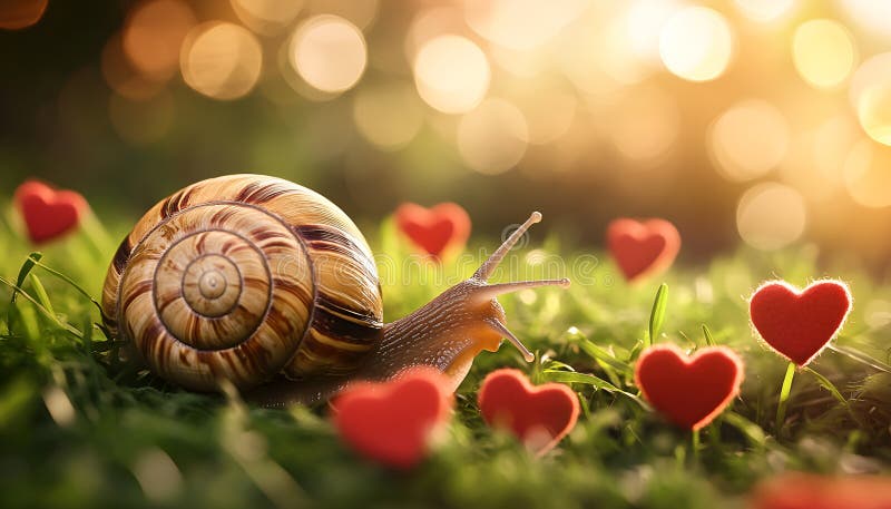 Snail among Heart Shaped Decorations on Lush Green Grass in Sunlight ...