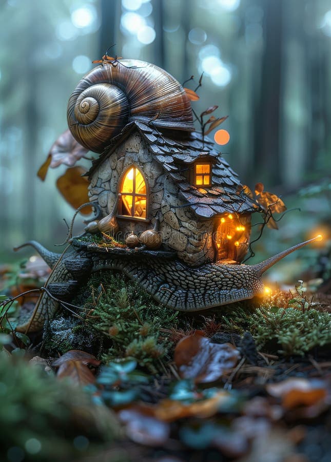 Snail House in the Forest. a Giant Snail Carrying a Small House on Its ...