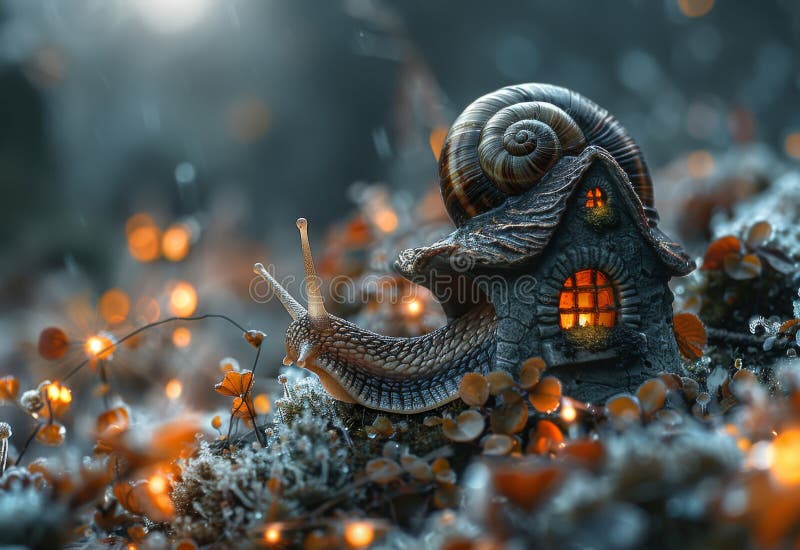 Snail and the House in the Garden at Night Stock Image - Image of ...