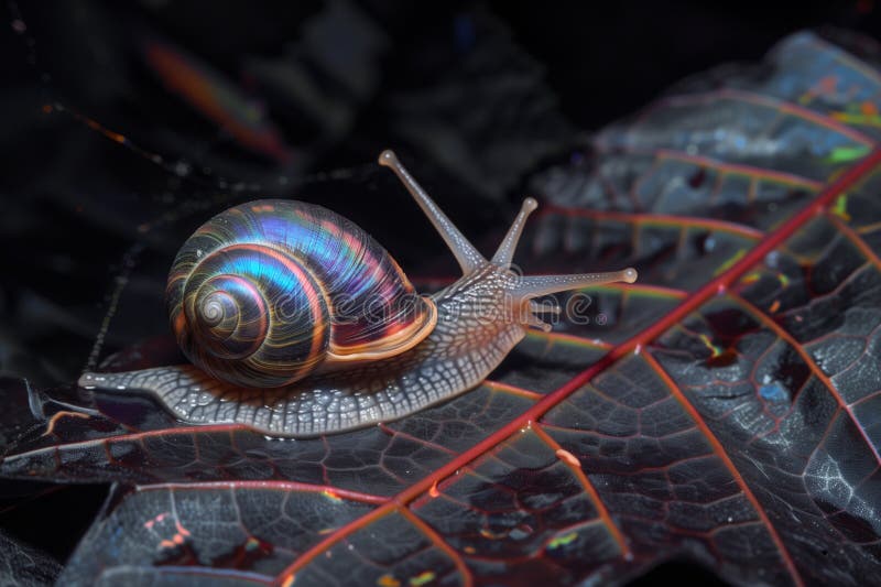 Snail with an Iridescent Trail on a Dark Leaf Stock Photo - Image of ...