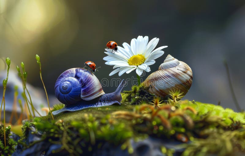 Snail and Ladybug on Camomile Flower in Summer Forest Stock Image ...