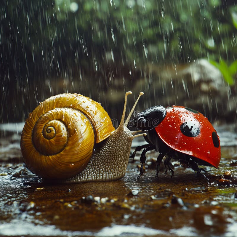 A Snail and a Ladybug are Fighting in the Rain Stock Image - Image of ...
