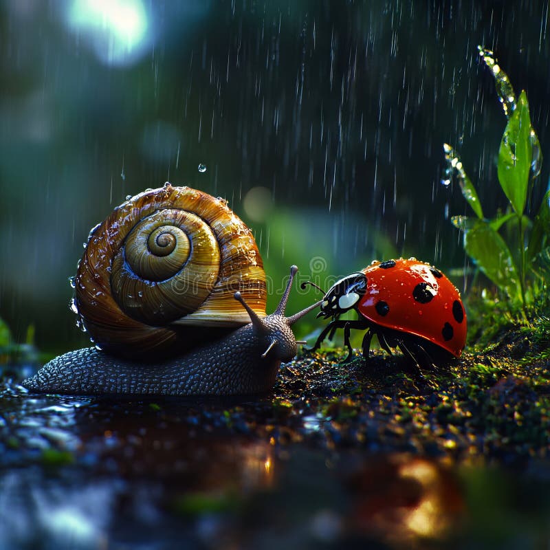 A Snail and a Ladybug are Fighting in the Rain Stock Photo - Image of ...