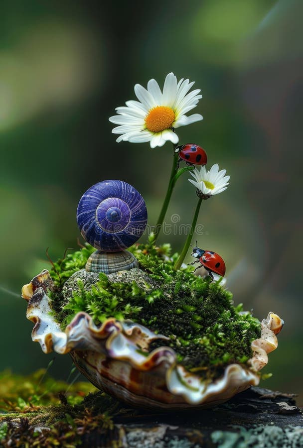 Snail and Ladybug in the Forest. a Small Daisy Flower Growing from a ...