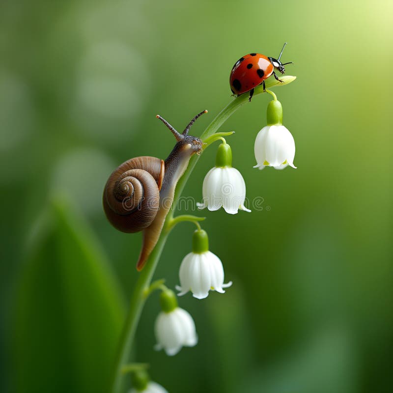 Snail and Ladybug on a Lily of the Valley Stem Stock Illustration ...