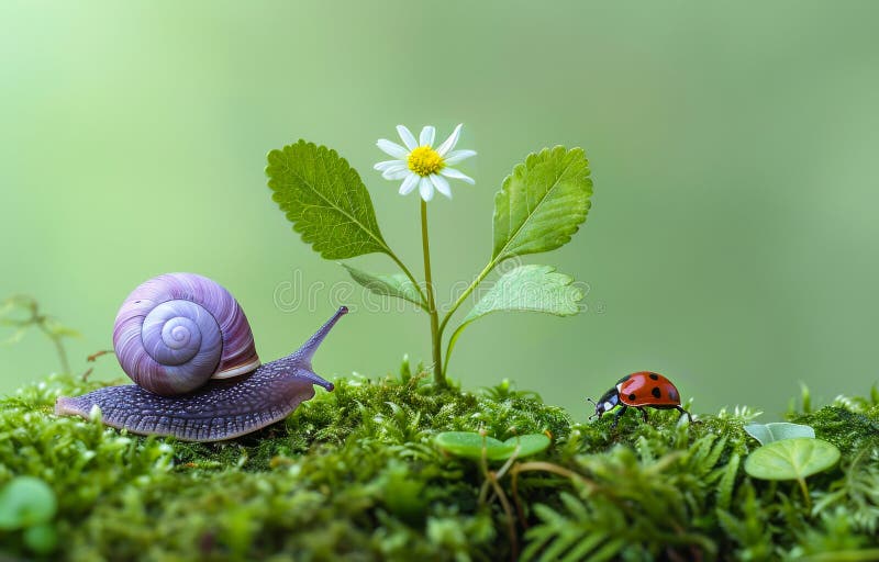 Snail and Ladybug on the Moss with Flower Stock Photo - Image of plant ...