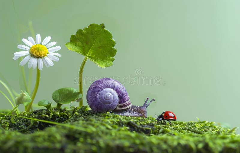 Snail and Ladybug on the Moss. a Small Purple Snail is Sitting on Moss ...