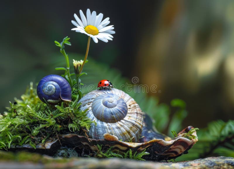 Snail and Ladybug on Piece of Wood. a Small Daisy Flower Growing from a ...