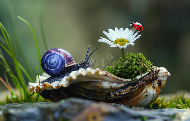 Snail and Ladybug on Snail Shell with Daisy Stock Image - Image of ...
