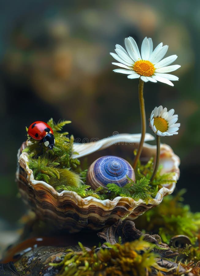 Snail and Ladybug in Shell on Green Moss and Daisy Stock Photo - Image ...