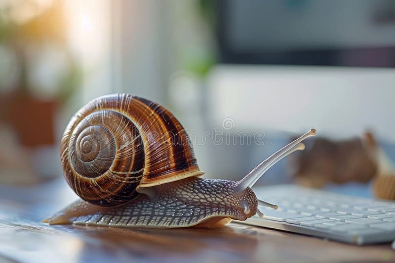 Snail on Laptop Computer Keyboard, Concept of Slow Internet or Work ...