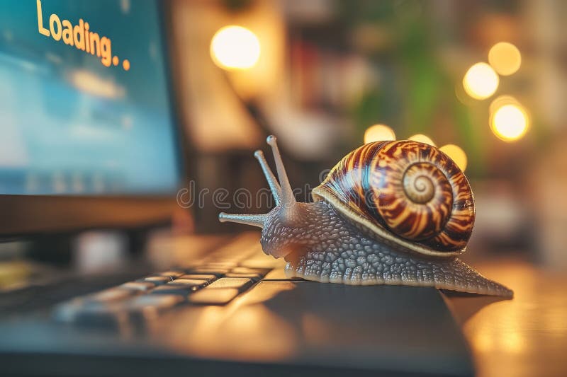 Snail on Laptop Keyboard Represents Slow Internet Speed, Buffering or ...