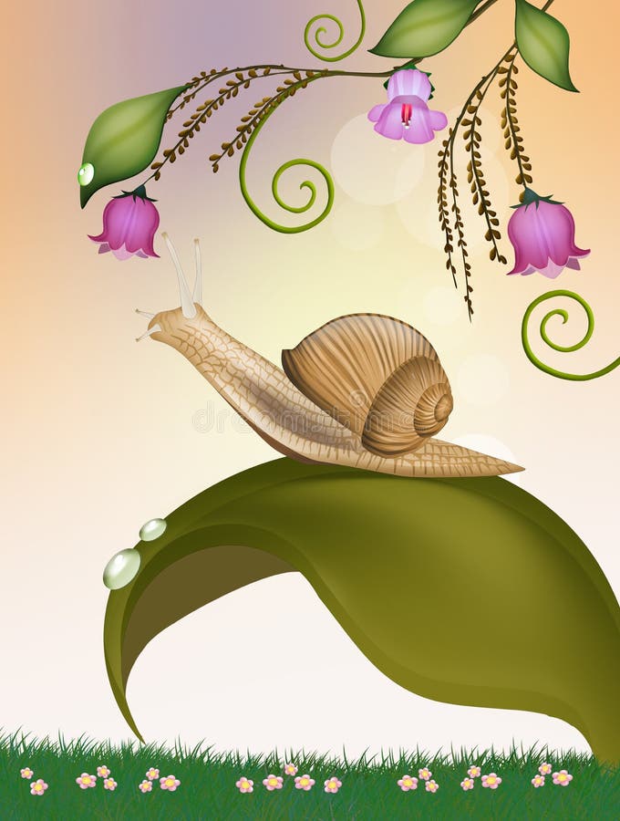 Snail on the leaf stock illustration. Illustration of season - 150374789