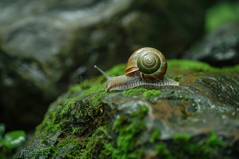 Snail on Mossy Rocks in Serene Forest Environment AI Stock Image ...