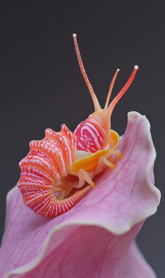 A Snail Moves Slowly on a Pink Flower Featuring a Yellow Stripe. Stock ...