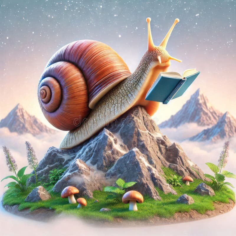 Snail Reading a Book on Top of a Mountain. Stock Image - Image of ...