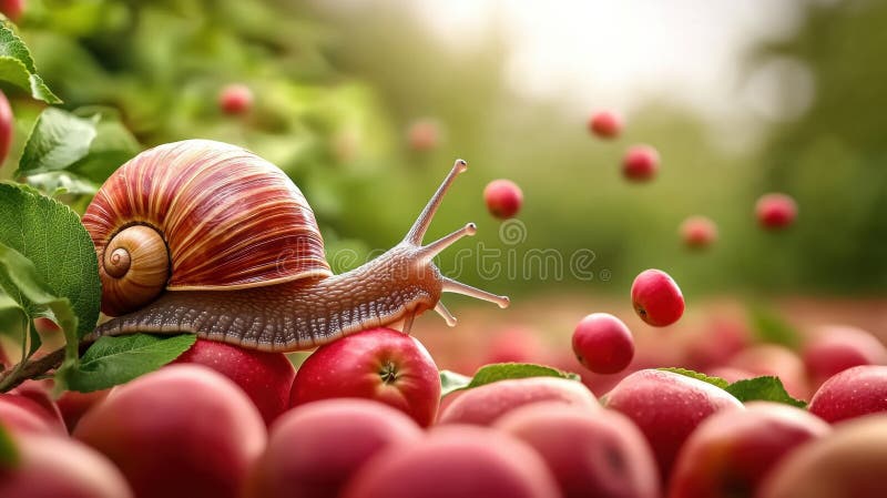 A Snail on a Red Apple with Leaves and Berries, AI Stock Photo - Image ...