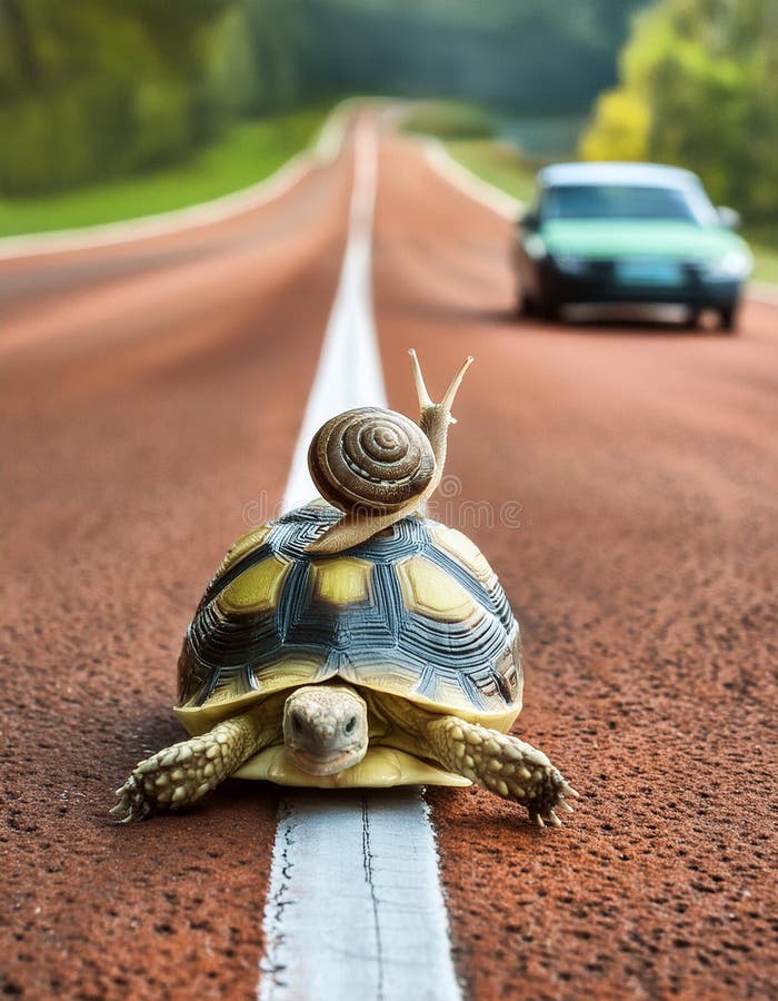 A Snail Riding on a Turtle on a Road Stock Photo - Image of uncommon ...