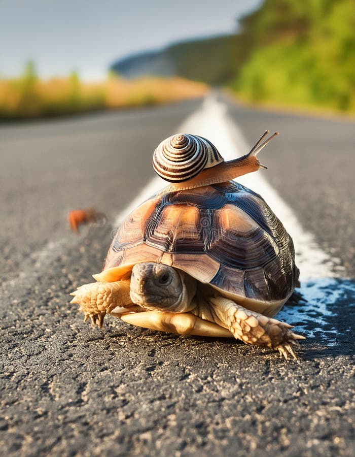 A Snail Riding on a Turtle on a Road Stock Illustration - Illustration ...