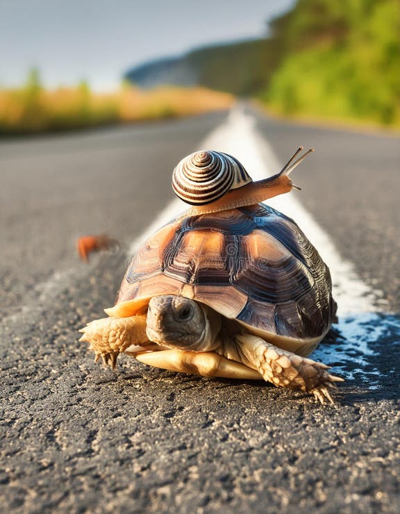 A Snail Riding on a Turtle on a Road Stock Illustration - Illustration ...
