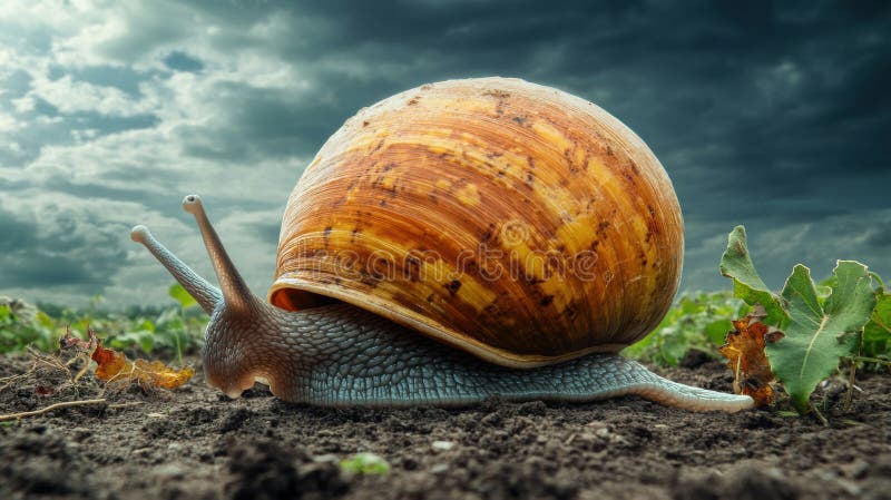 A Snail is Sitting on the Ground with a Cloudy Sky in Background, AI ...