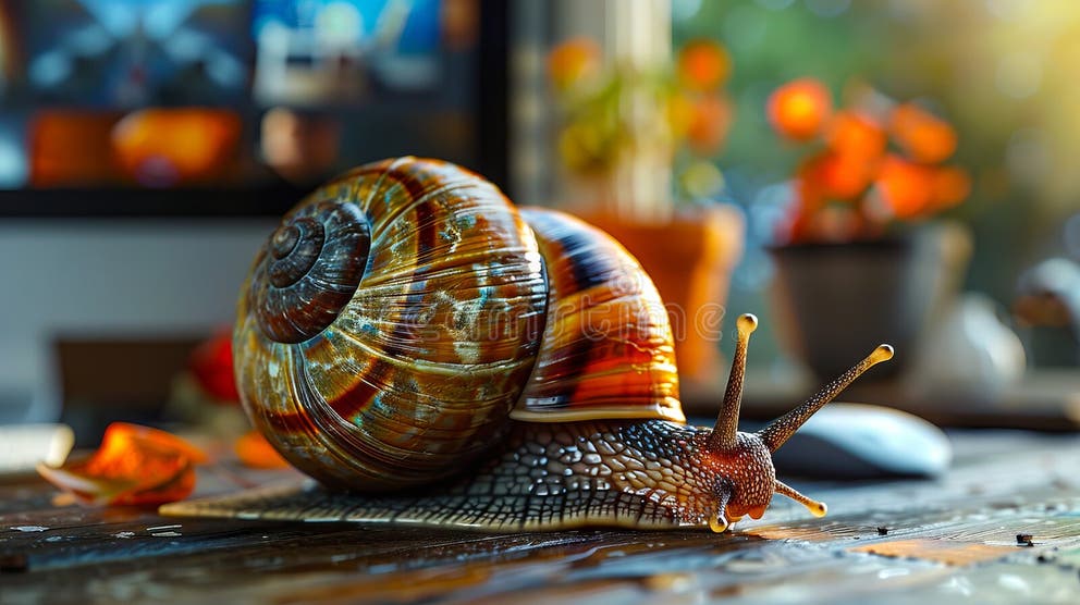 A Snail is Sitting on a Table in Front of a Computer Stock Image ...
