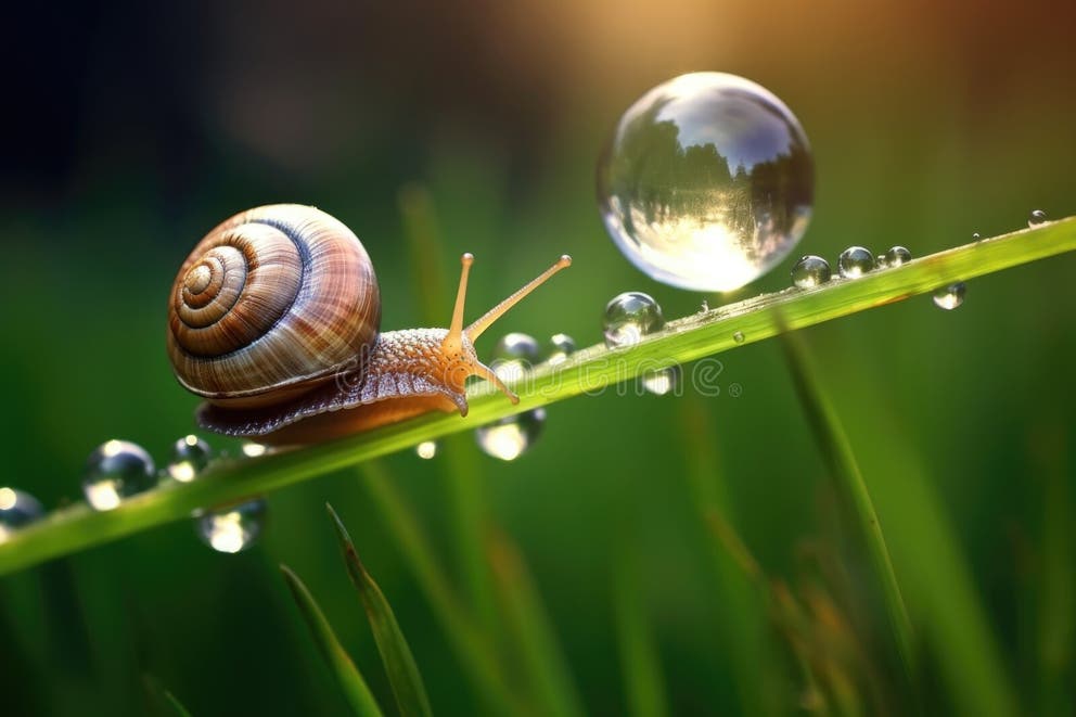 Snail Sliding on a Blade of Dewy Grass Stock Illustration ...