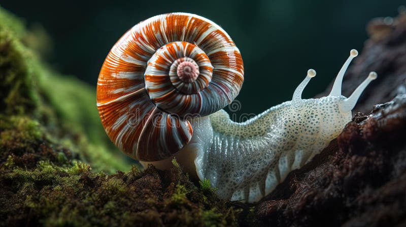 A Snail with a Striped Shell Crawling on a Mossy Surface Stock ...