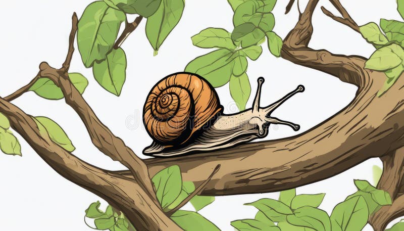 A snail on a tree branch stock illustration. Illustration of green - 301968855