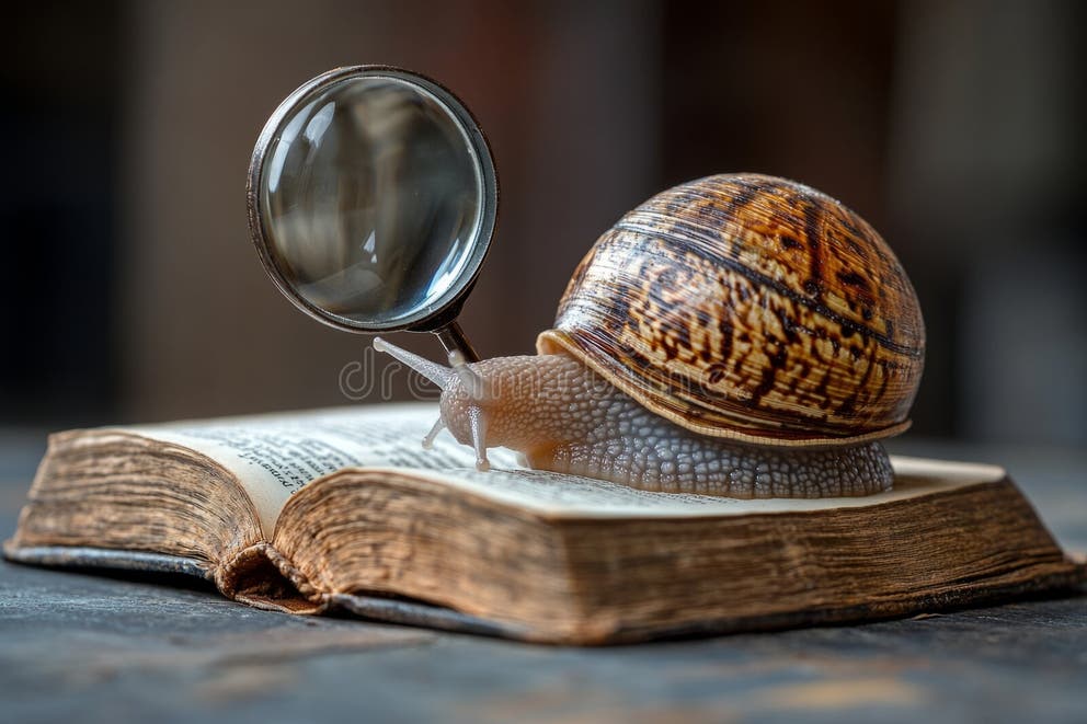 Snail is Using a Magnifying Glass while Traversing an Old Book, Evoking ...