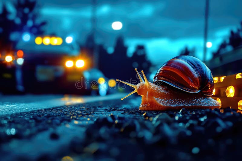 Snail on Wet Road at Night with Blurred Lights in the Background Stock ...