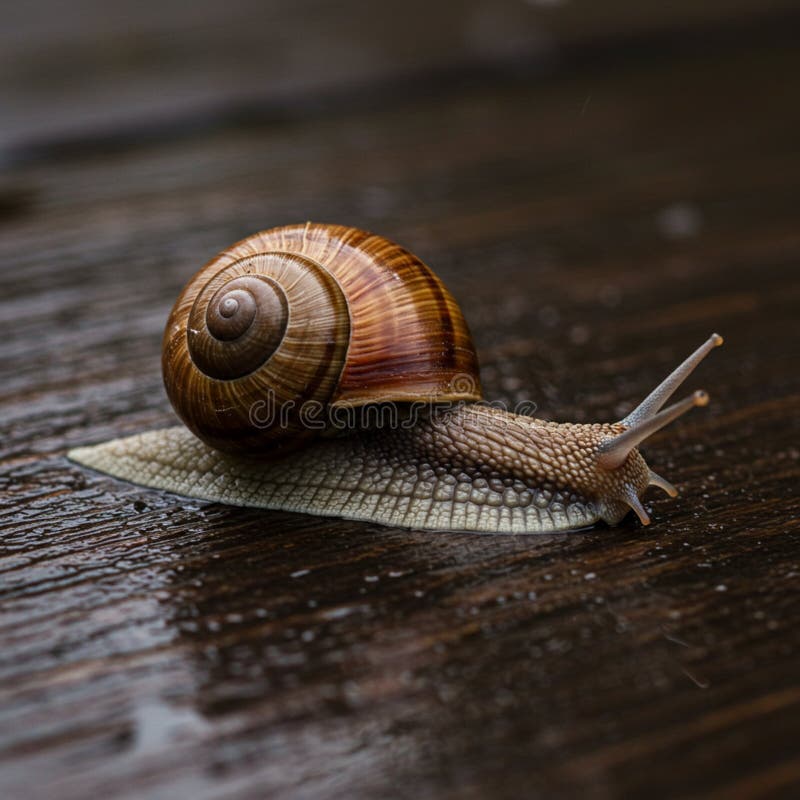 Snail on a Wooden Surface, Showcasing a Spiral Shell with Shades of ...