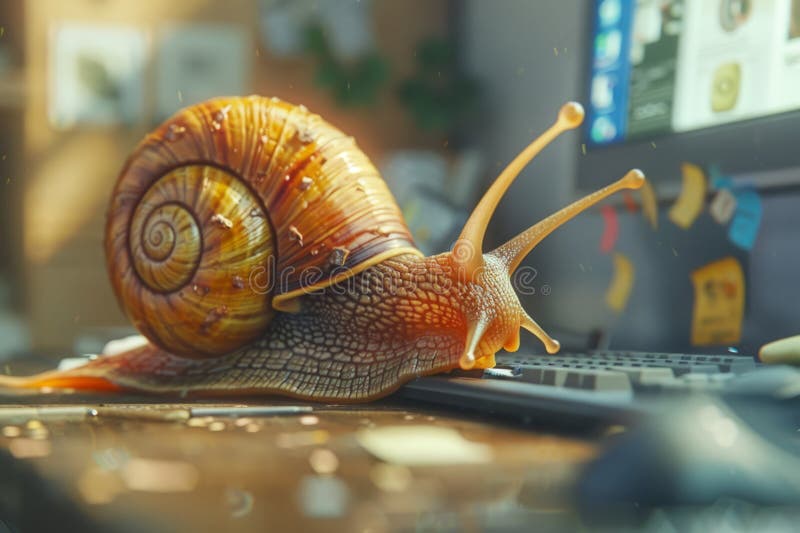 Snail Working on Laptop Computer, Concept of Slow Internet or Work ...
