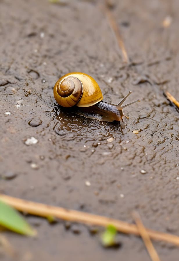 A Snail with a Yellow Shell Walks on Muddy Ground Stock Photo - Image ...