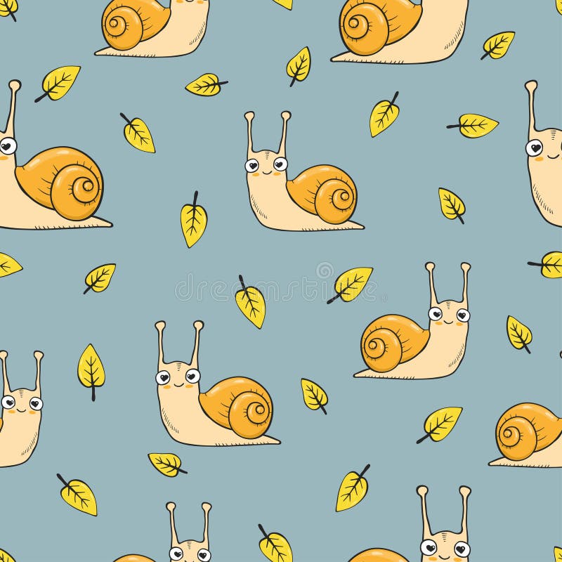 Snails and Autumn Leaves Seamless Pattern. Vector Cartoon Print Stock ...