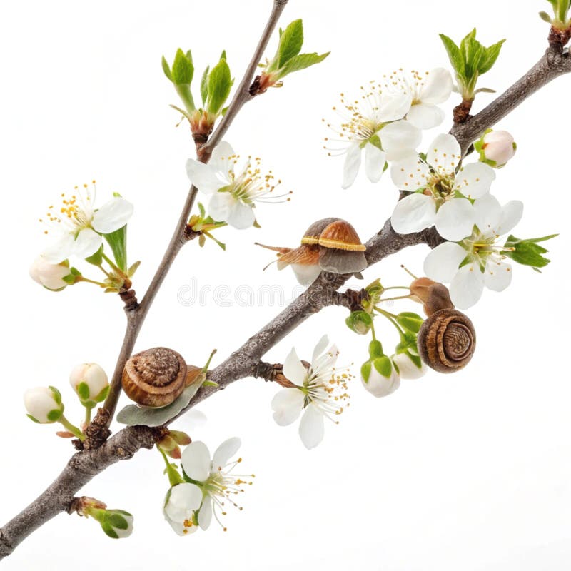 Snails on Blossoming Apple Tree on White Background Stock Illustration ...