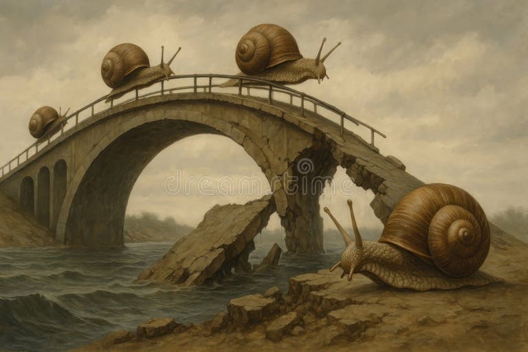 Snails Crawling on a Destroyed Bridge Over a River. Stock Photo - Image ...