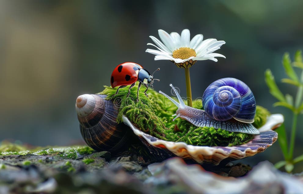 Snails and Ladybug on Piece of Moss. a Small Daisy Flower Growing from ...