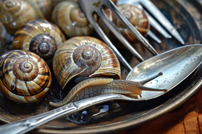 Snails on a Silver Platter, with One Snail Moving Towards the Edge of ...