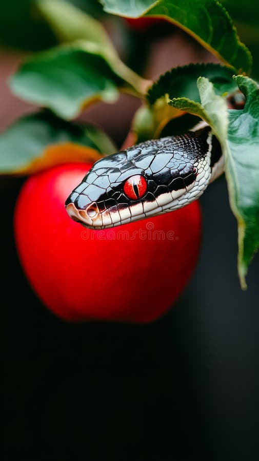 Snake with an Apple Fruit in Its Mouth. Forbidden Fruit Concept. Stock ...