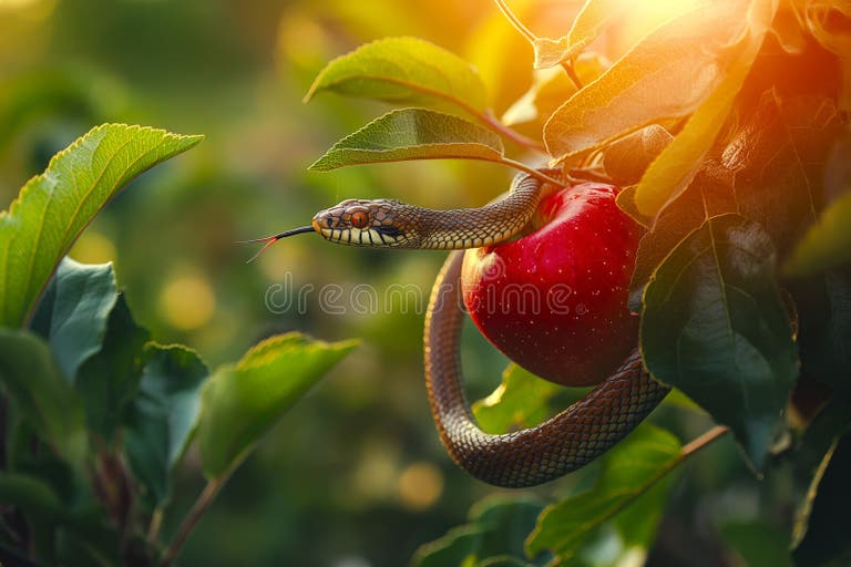 Snake in a Apple Tree Next To a Red Apple Representing Original Sin ...