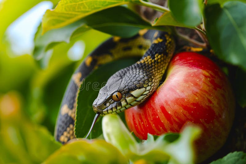 Snake in a Apple Tree Next To a Red Apple Representing Original Sin ...
