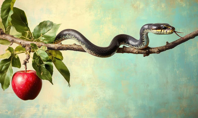 Snake on Branch with Red Apple Symbolizing Temptation and Knowledge ...