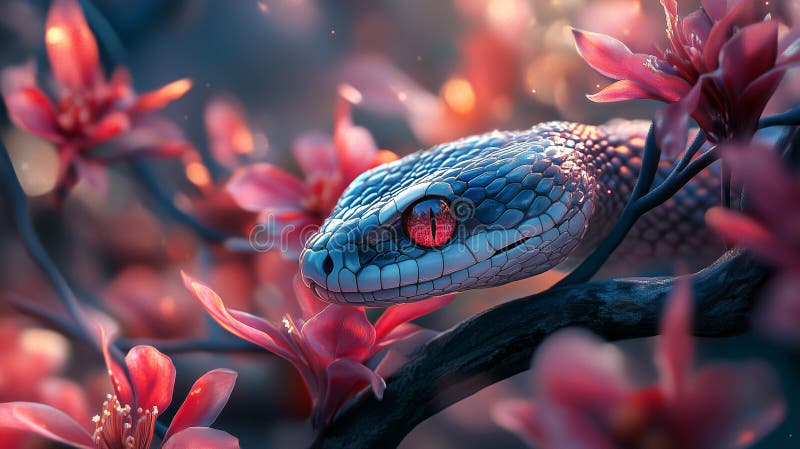 A Snake is on a Branch with Red Flowers Stock Illustration ...