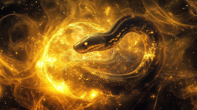 Snake in the Center of Flames with Smoke and Intense Fire Surrounding ...