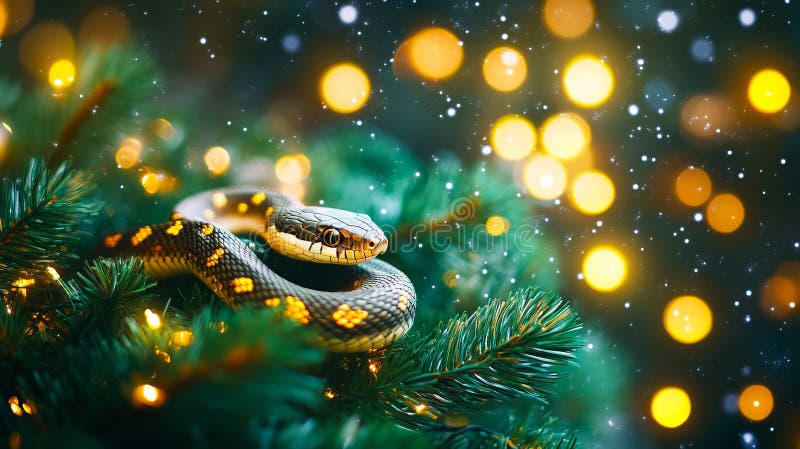 A Snake on a Christmas Tree with Lights in the Background Stock Image ...