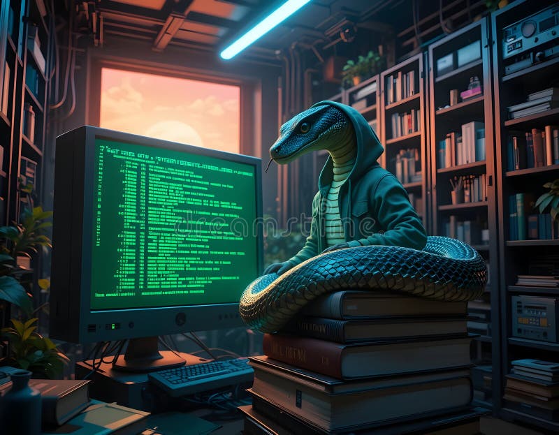 Snake Coding on Computer with Books at Office Setting Indoors Stock ...