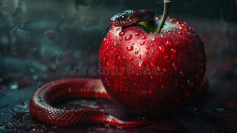 A Snake Coiled Around a Dewy Red Apple on a Dark Surface Stock Photo ...