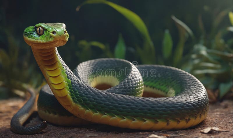 A Green Snake with Yellow Stripes Coils Around Itself on a Bed of Brown ...